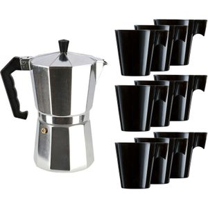 Percolator-espresso apparaat zilver met 9x zwarte kopjes-mokken ...